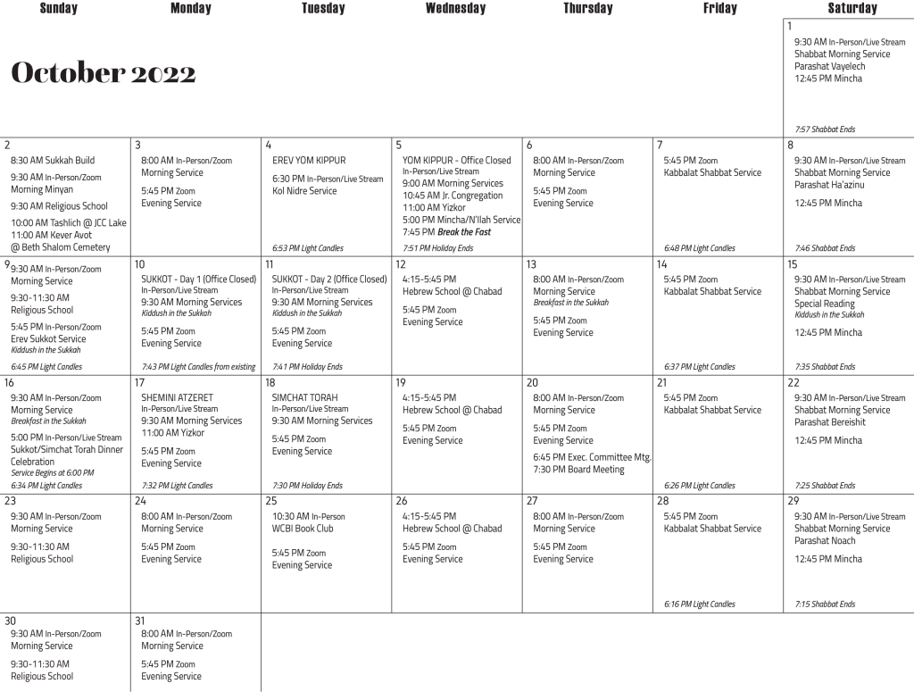 CBI Monthly Calendar of Services & Events | Congregation B'nai Israel
