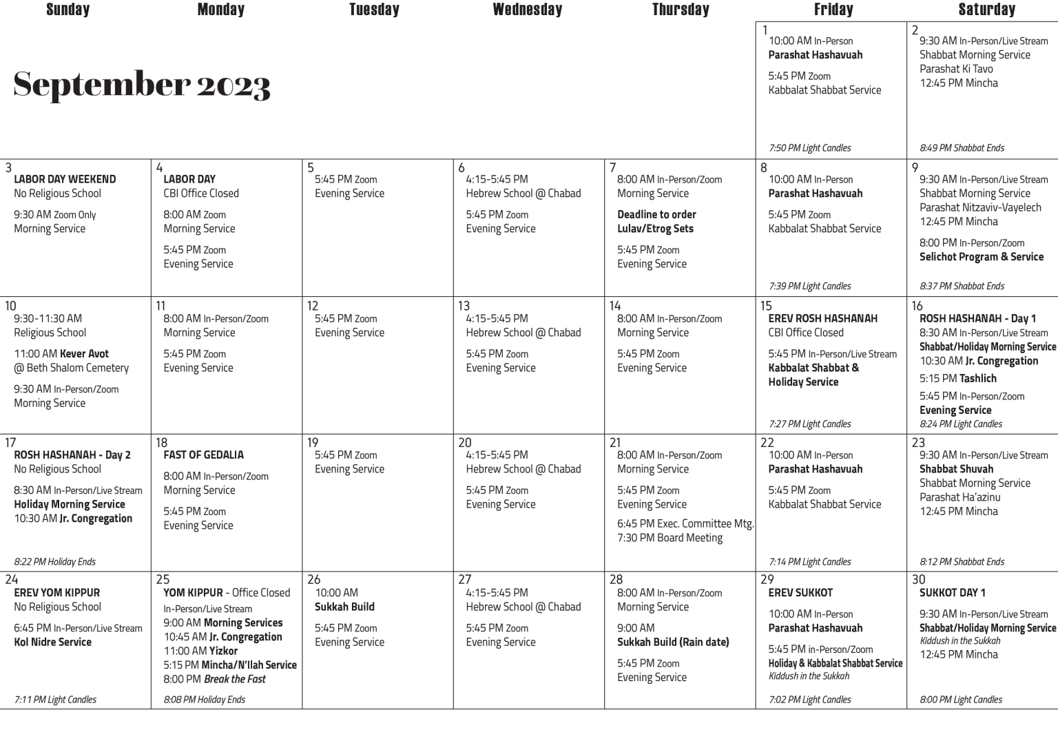 CBI Monthly Calendar of Services & Events | Congregation B'nai Israel