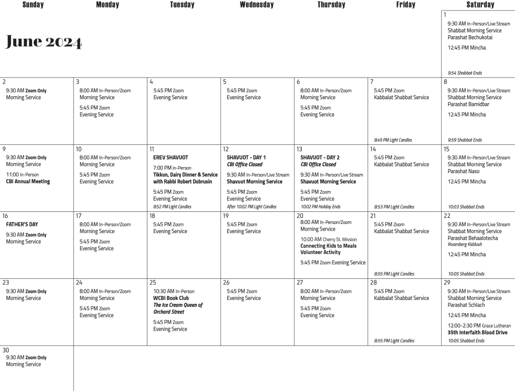 CBI Monthly Calendar of Services & Events | Congregation B'nai Israel