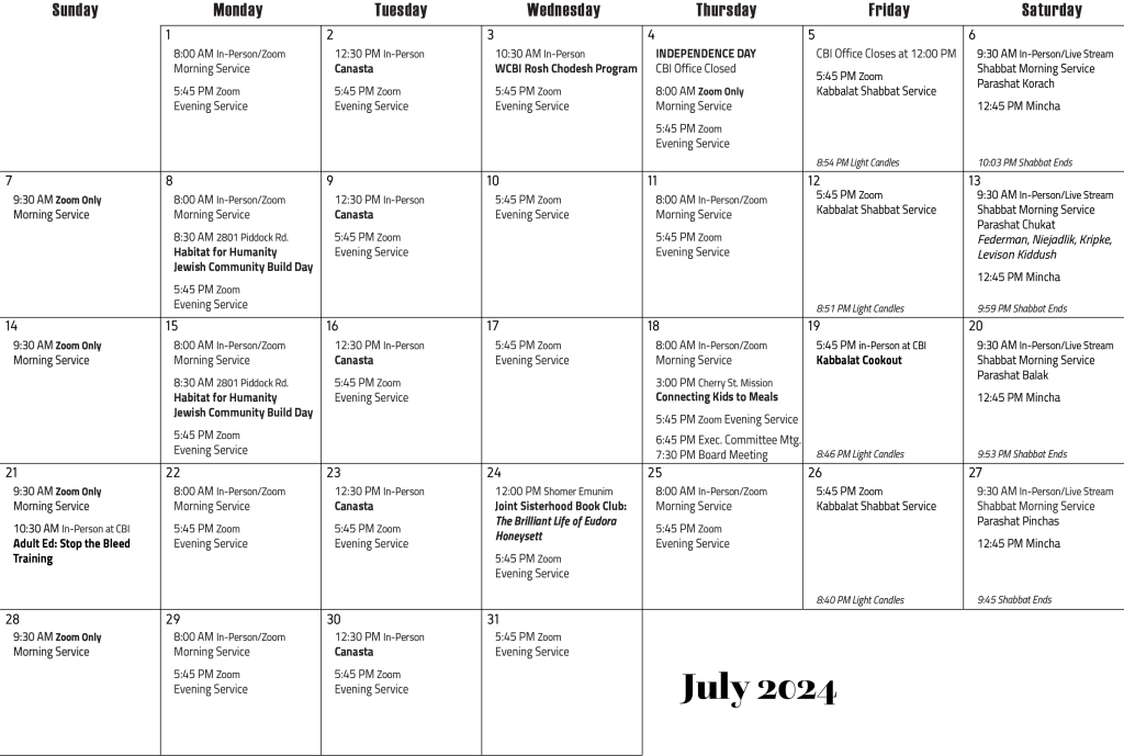 CBI Monthly Calendar of Services & Events | Congregation B'nai Israel