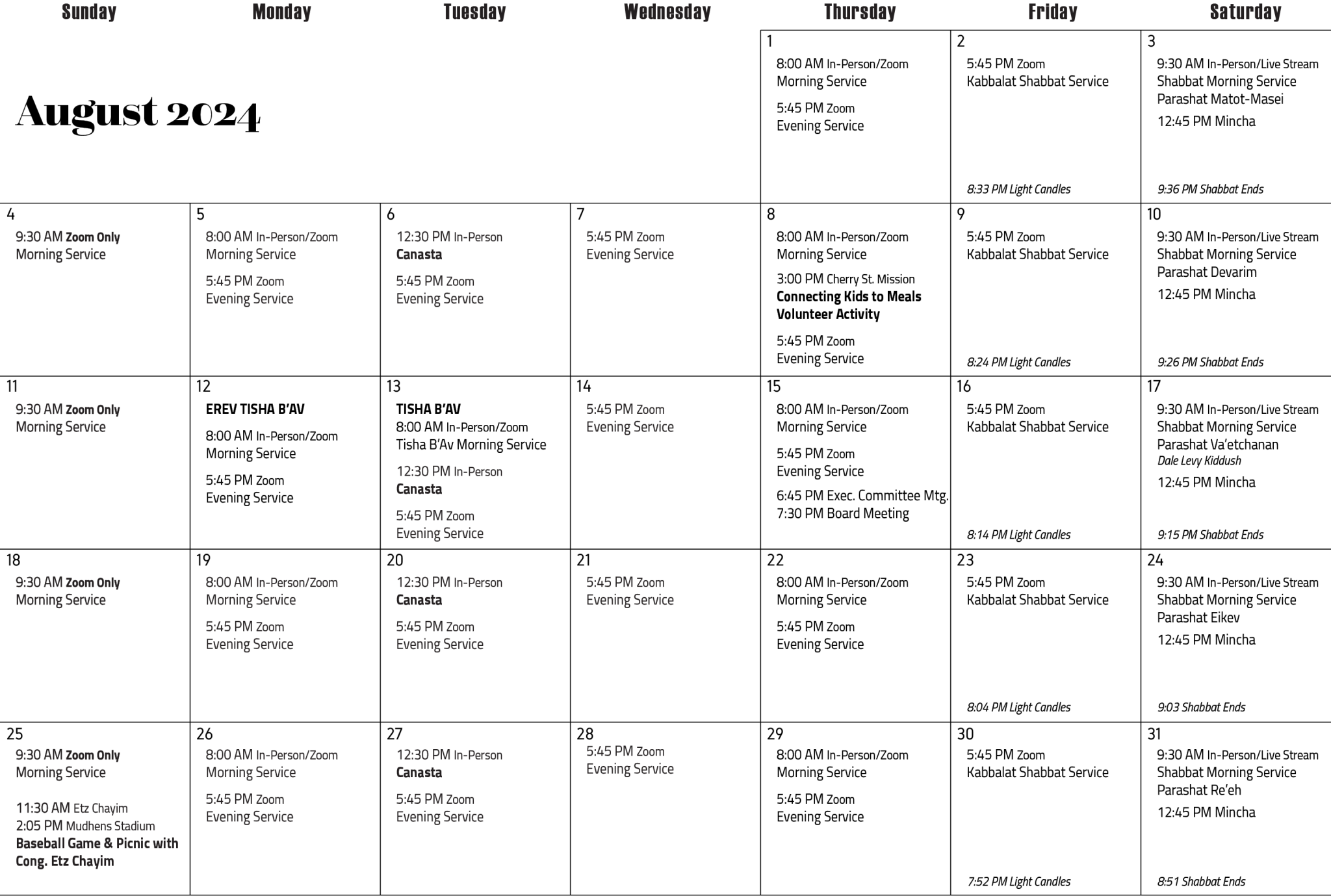 CBI Monthly Calendar of Services & Events | Congregation B'nai Israel