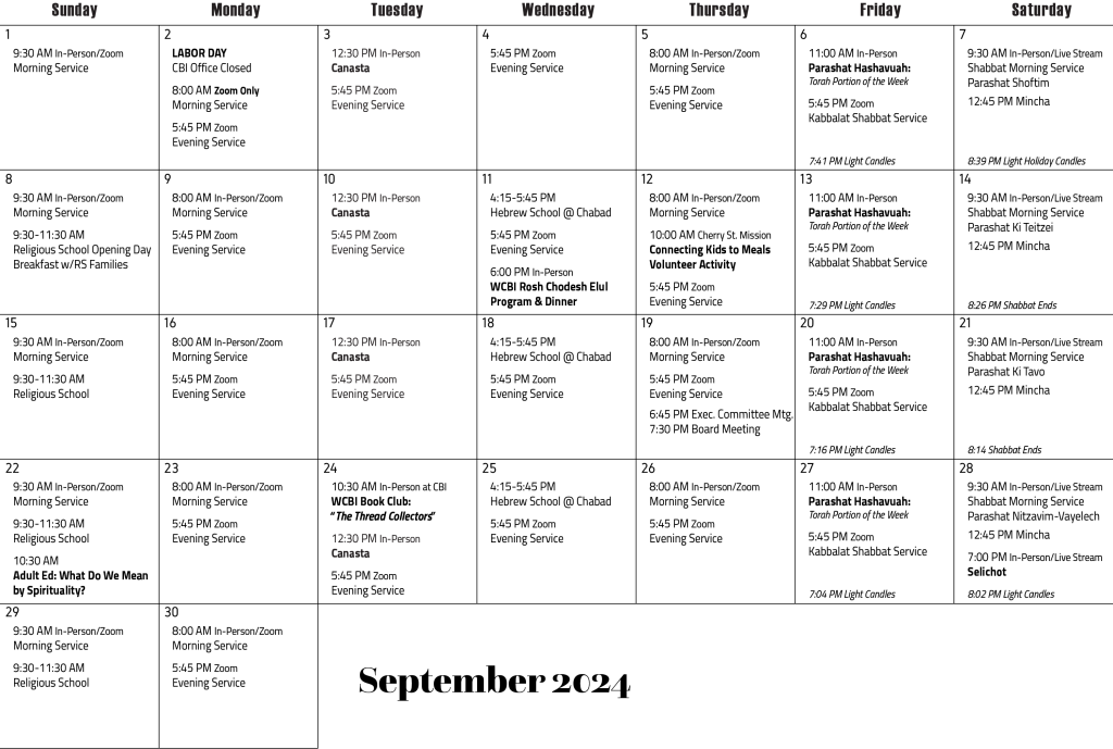 CBI Monthly Calendar of Services & Events | Congregation B'nai Israel