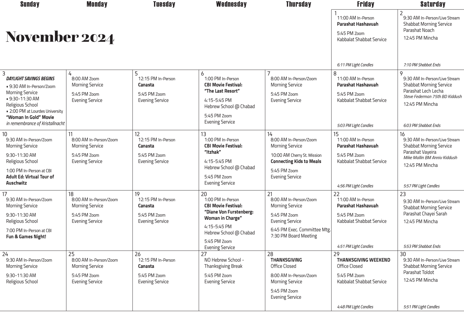 CBI Monthly Calendar of Services & Events | Congregation B'nai Israel