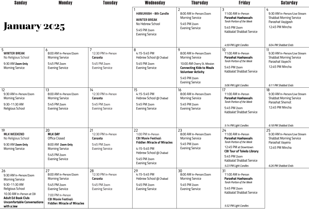 CBI Monthly Calendar of Services & Events | Congregation B'nai Israel