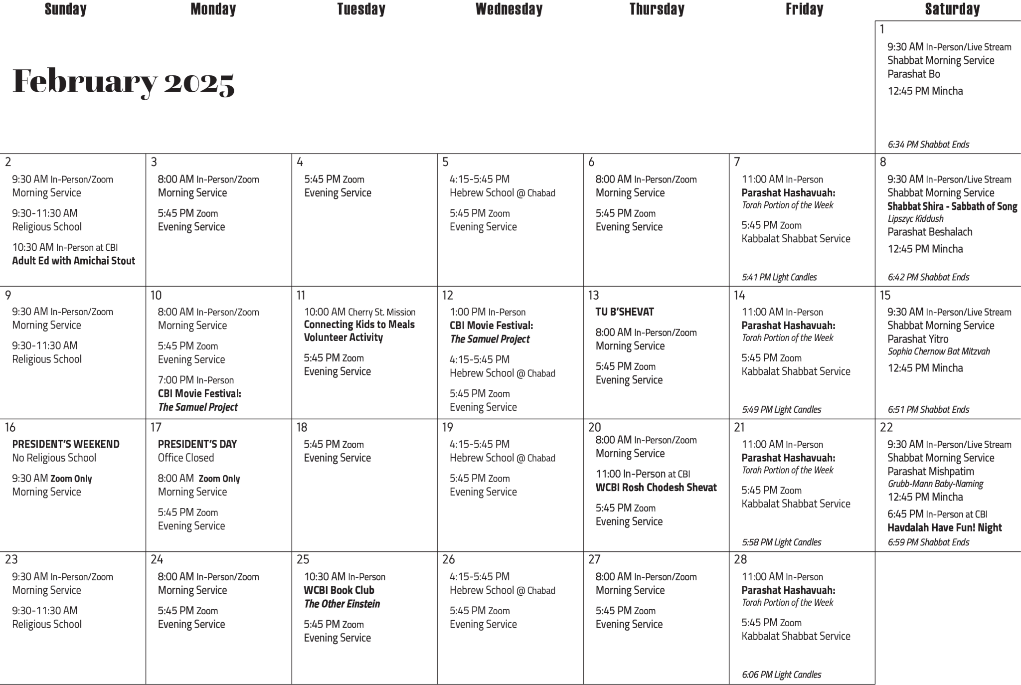 CBI Monthly Calendar of Services & Events | Congregation B'nai Israel
